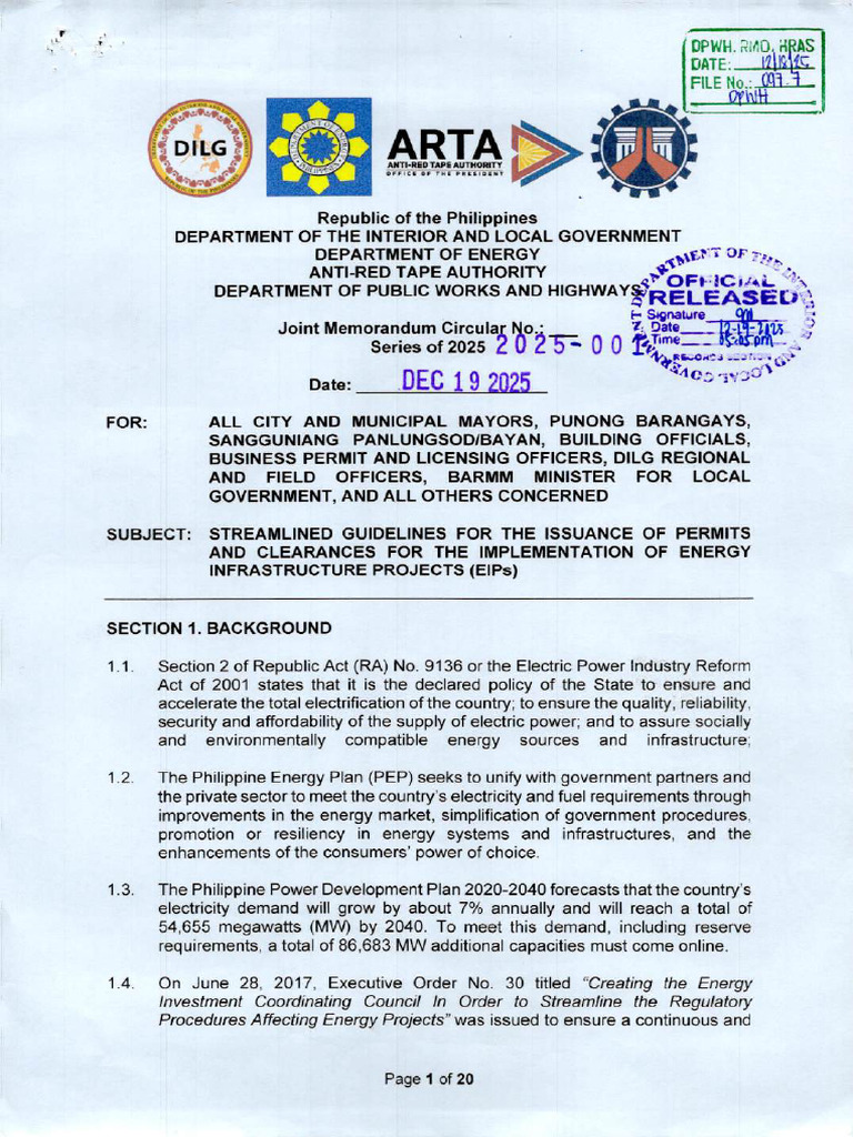 DILG DOE ARTA DPWH Joint Memorandum Circular 2025 001 | PDF