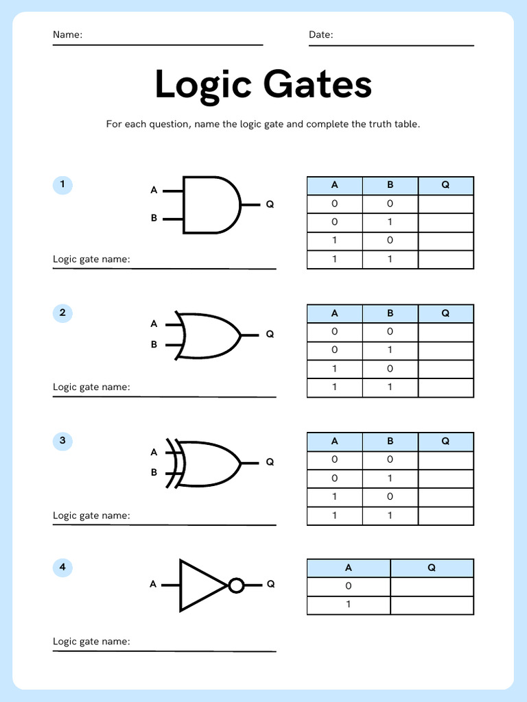 Logic Gates Worksheet in Blue White Clean Style | PDF | Electronic ...