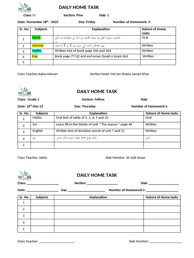 Daily Home Task Template-2 | PDF