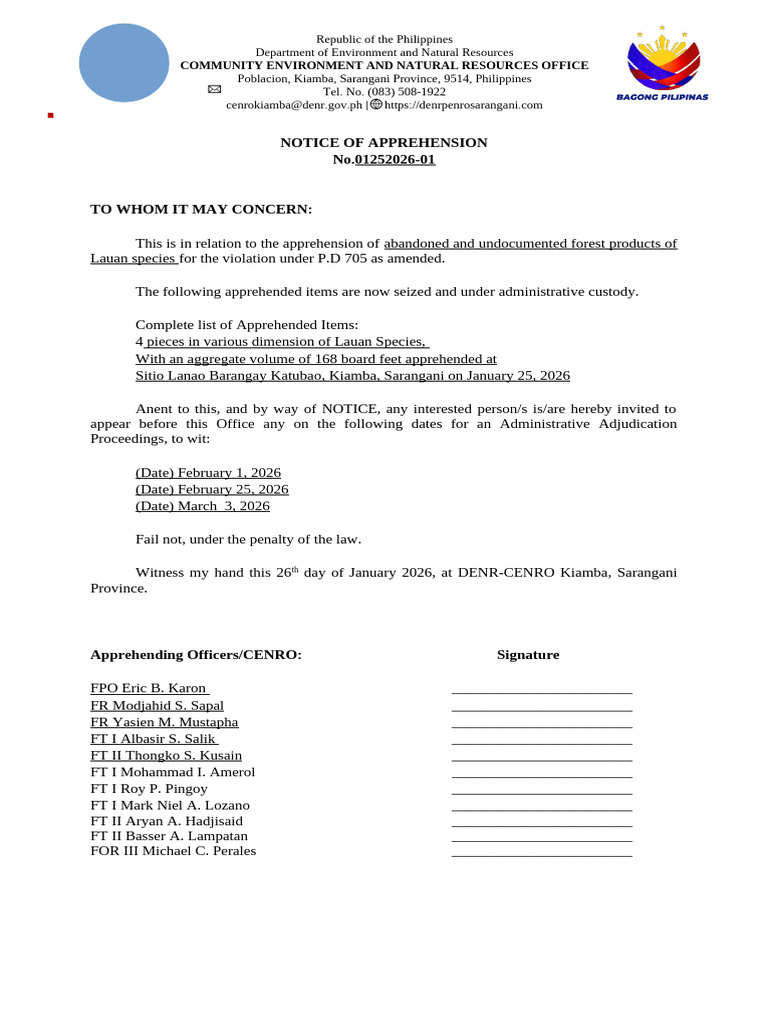 Notice of Apprehension Form Sitio Lanao 1 | PDF