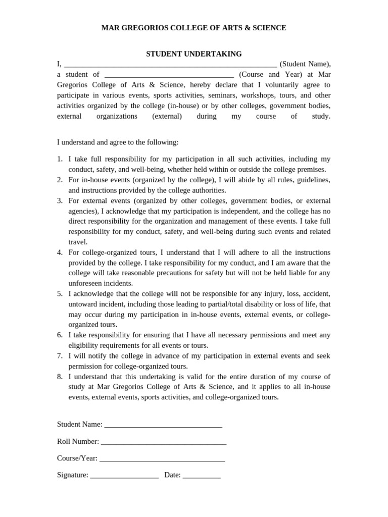 Student Undertaking and Parent Consent Form For Participation Updated | PDF