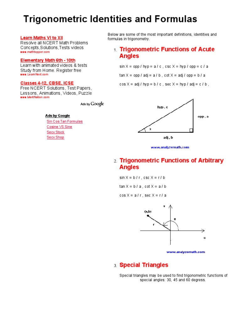 Trigonometric Identities and Formulas | PDF | Trigonometric Functions ...