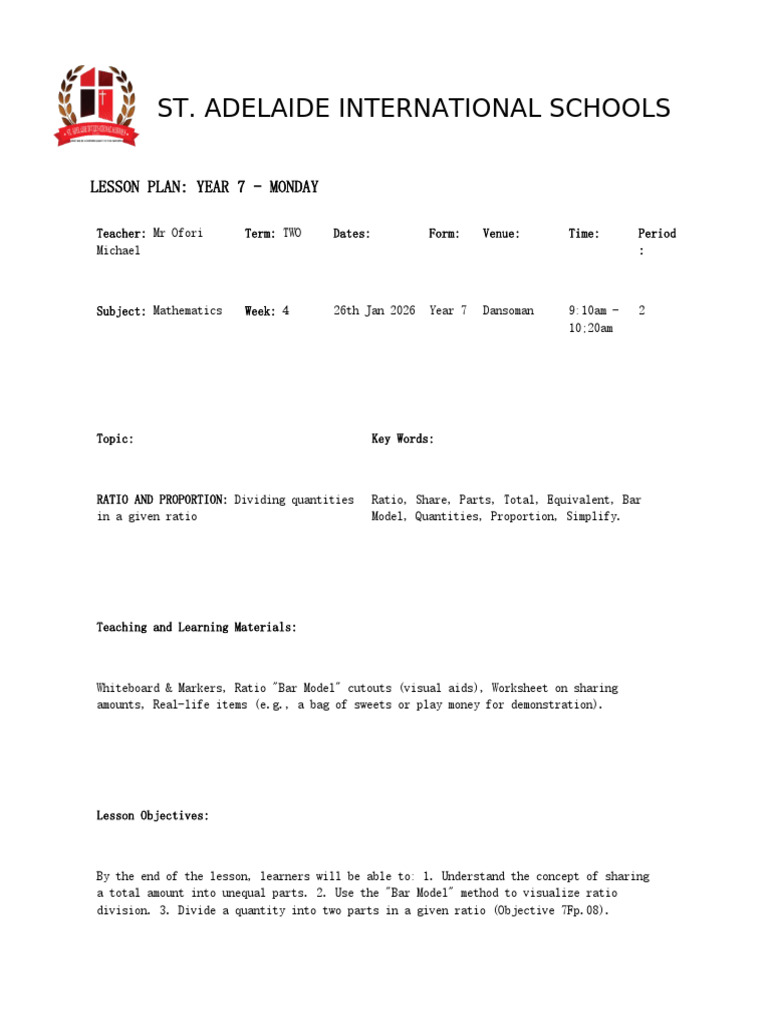 Year 7 Week 4 Lesson Plan | PDF | Learning | Ratio