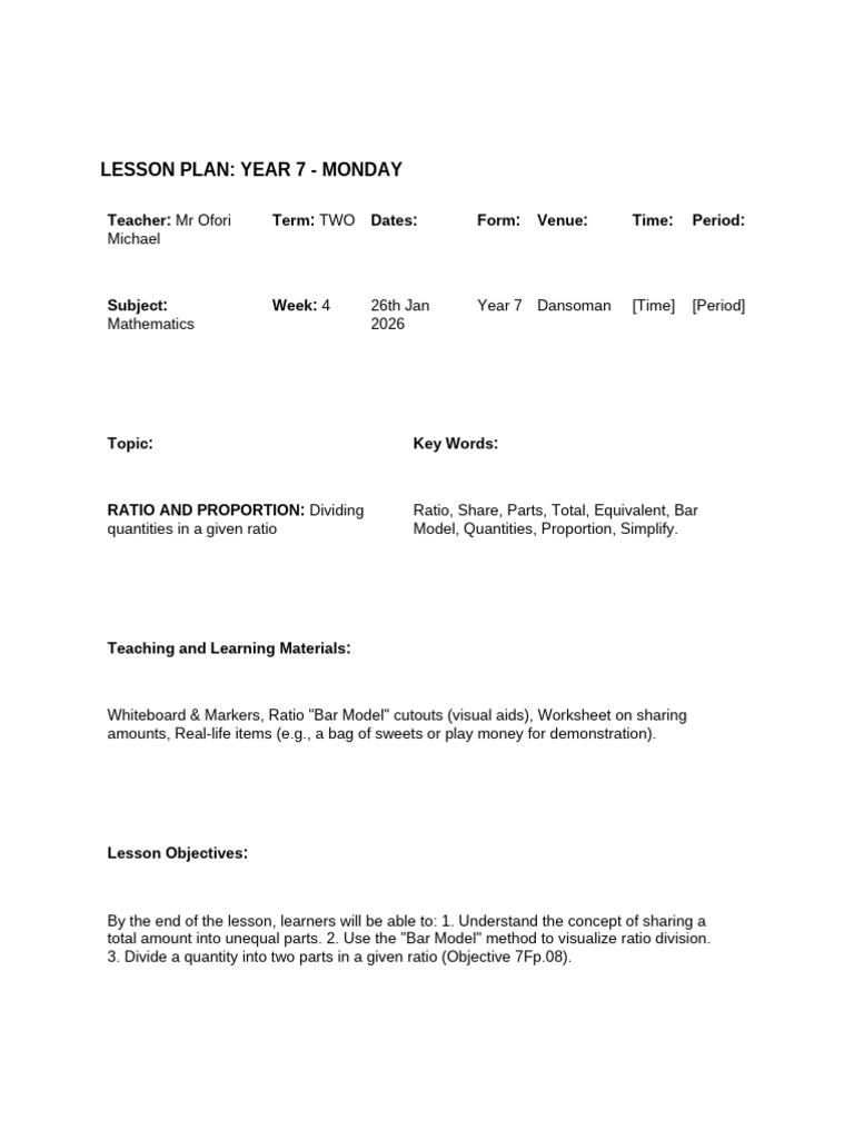 Lesson Plan - Year 7 - Tuesday | PDF | Learning | Ratio