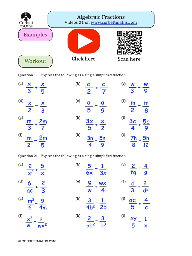 Adding Algebraic Fractions PDF 1 | PDF | Mathematical Analysis ...