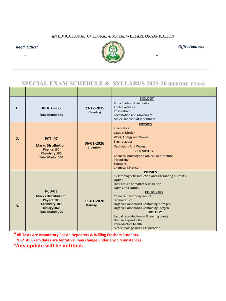 Exam Schedule (Before PT 06) Final | PDF | Physics | Chemistry