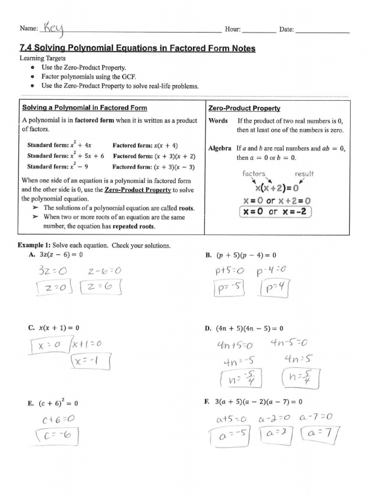 7.4 Solving Polynomial Equations in Factored Form Notes KEY | PDF ...