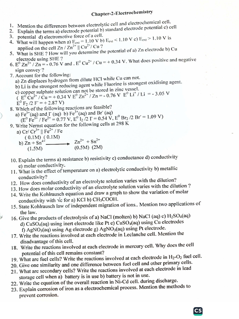 Ch2 Electrochemistry Question Bank | PDF