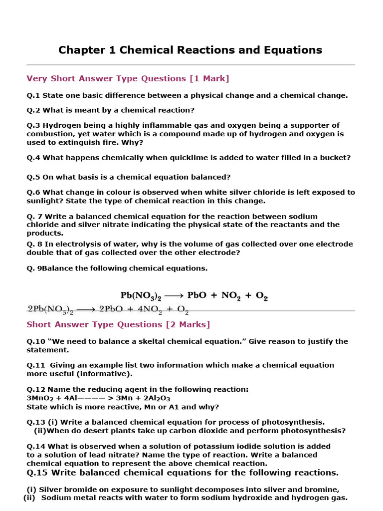 Class X Chemical Reactions and Equations EQs | PDF | Chemical Reactions ...