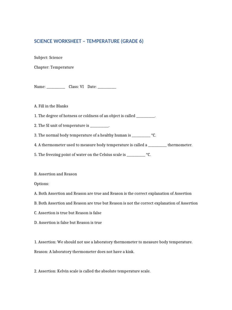 Grade 6 Science Worksheet Temperature | PDF | Fahrenheit | Temperature