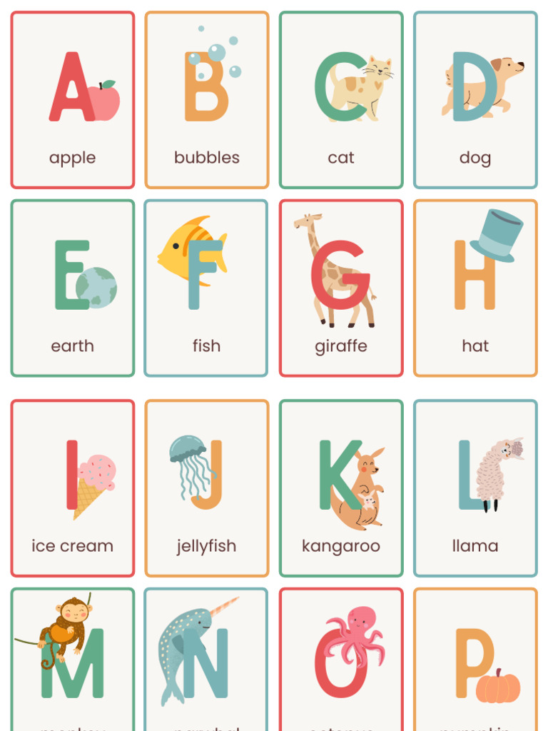 Alphabet Flashcards in Red Green and Blue Simple Illustrated Style | PDF