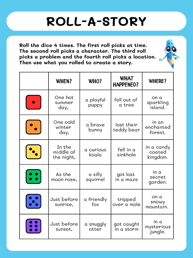 English 'Roll a Story' Writing Activity Worksheet in Blue and White | PDF