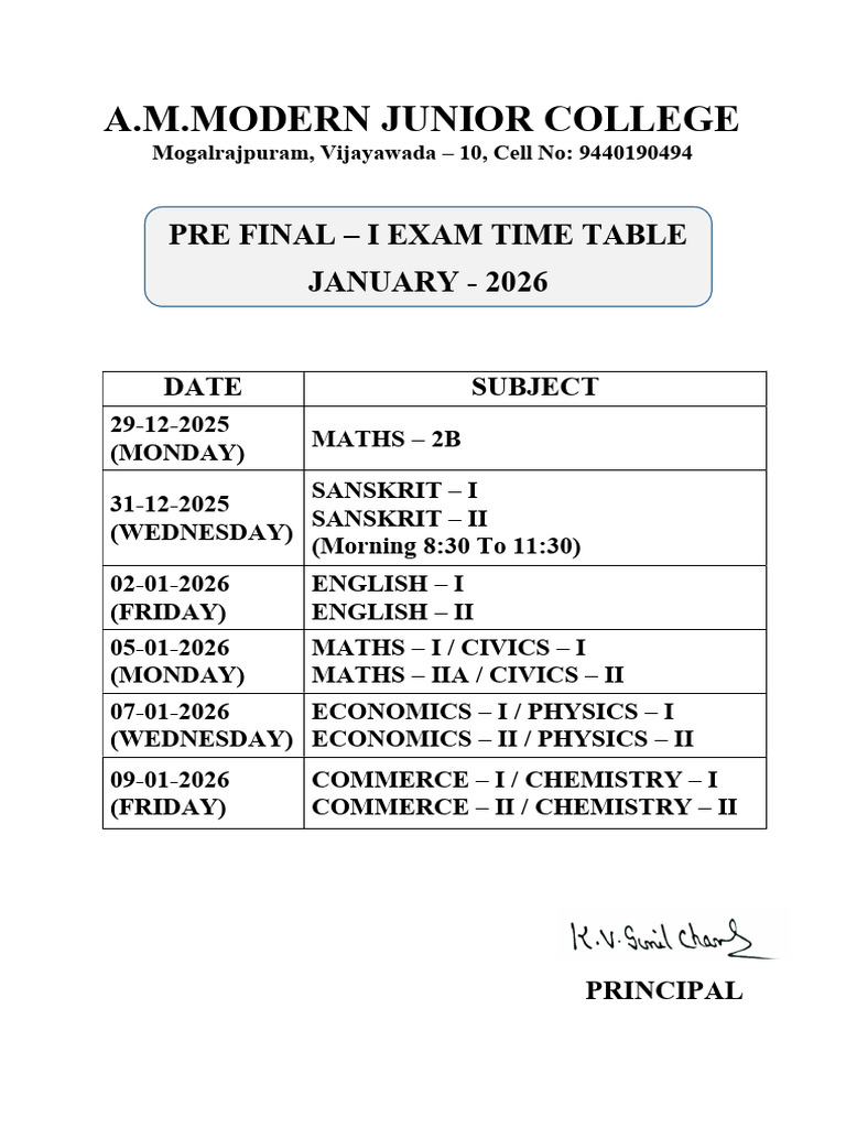 Pre Final - 1 Time Table | PDF