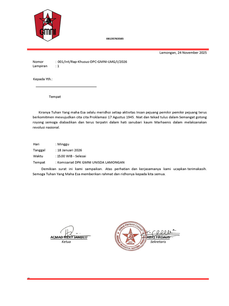 Undangan Rapat Internal DPC Gmni Lamongan | PDF