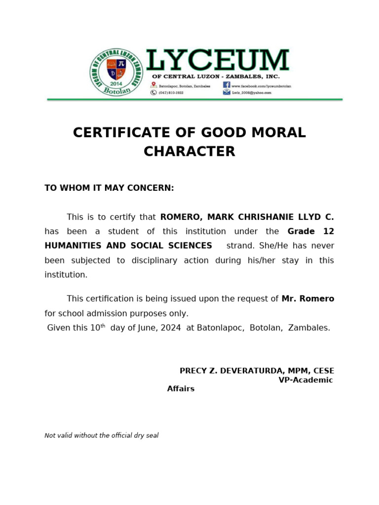 Certificate of Good Moral Character Stem | PDF | Mathematics
