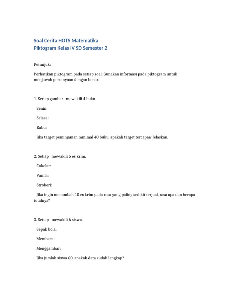 Soal HOTS Piktogram Kelas 4 | PDF
