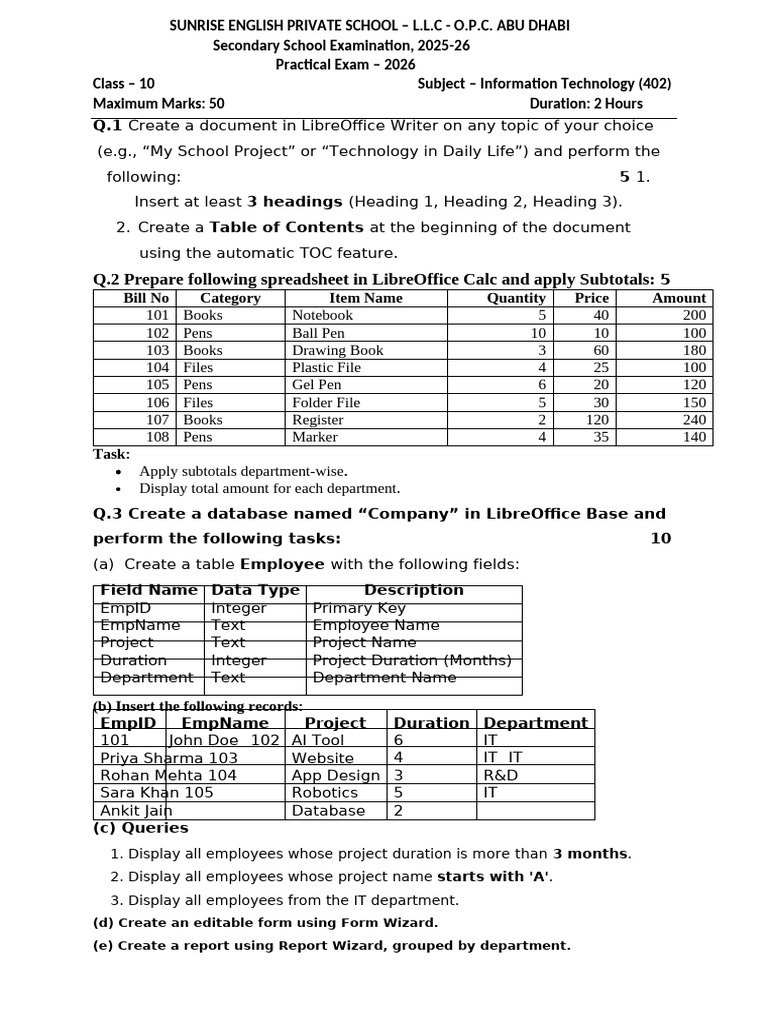 G 10 Practical Question Paper 2025-26 | PDF | Computing | Data Management