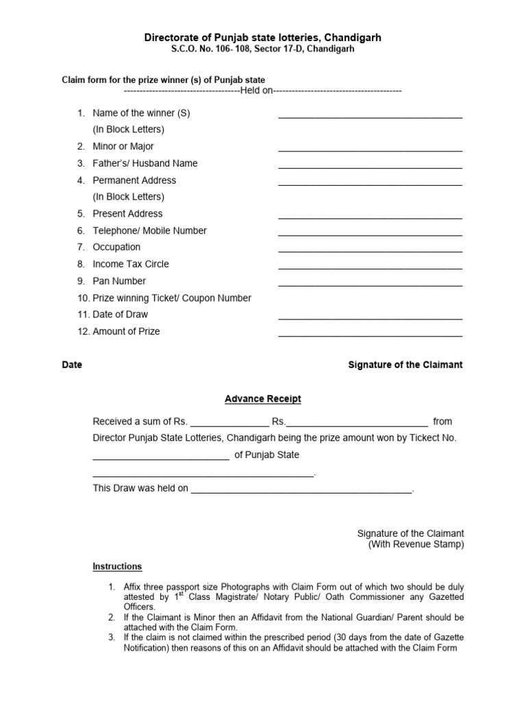 396800782 Punjab Lottery Claim Form | PDF | Lottery | Chess Openings
