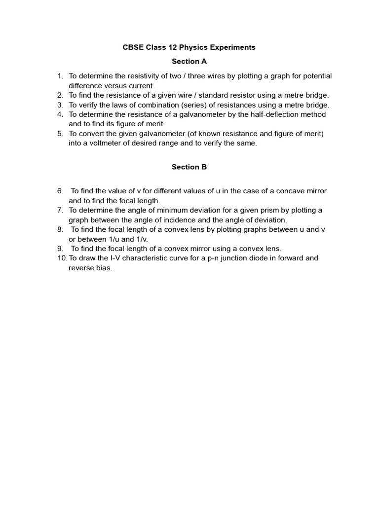 CBSE Class 12 Physics Experiments | PDF