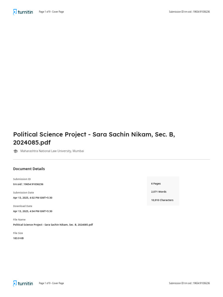 Political Science Project (Plagiarism Report)- Sara Sachin Nikam, Sec ...