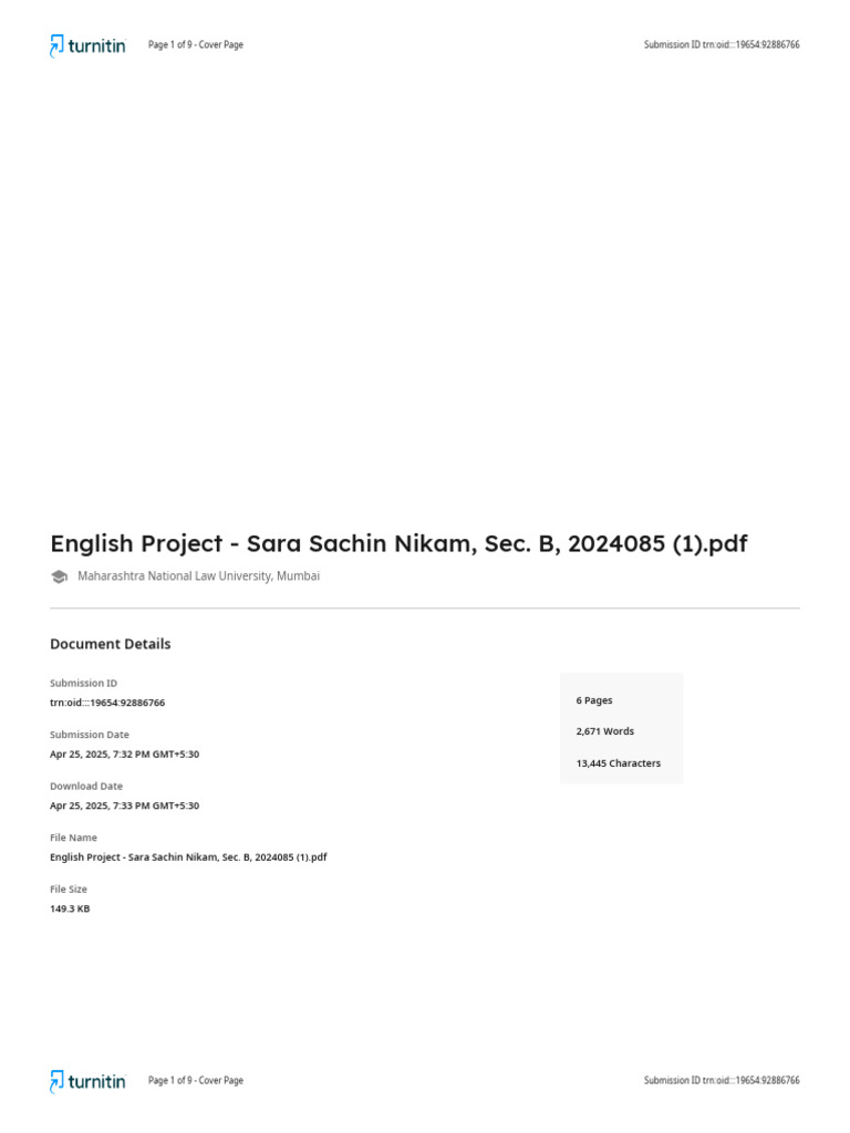 English Project (With Plagiarism Report)- Sara Sachin Nikam, Sec. B ...