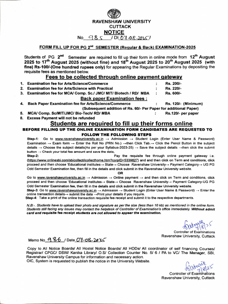 Notice for Pg 2nd Semester Examination Form Fill Up-2025(r&b) | PDF ...