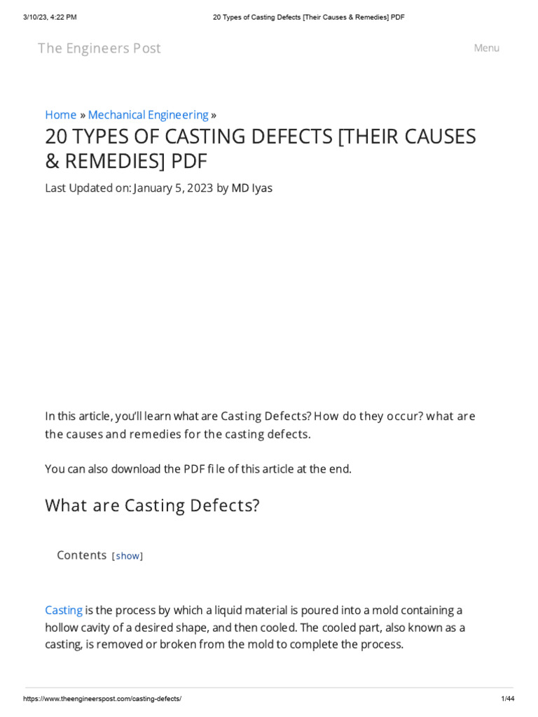20 Types of Casting Defects (Their Causes & Remedies) PDF | PDF ...