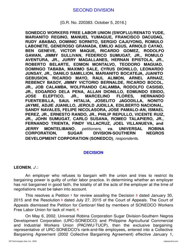 136. SONEDCO Workers Free Labor Union v. Universal Robina Corp. | PDF ...