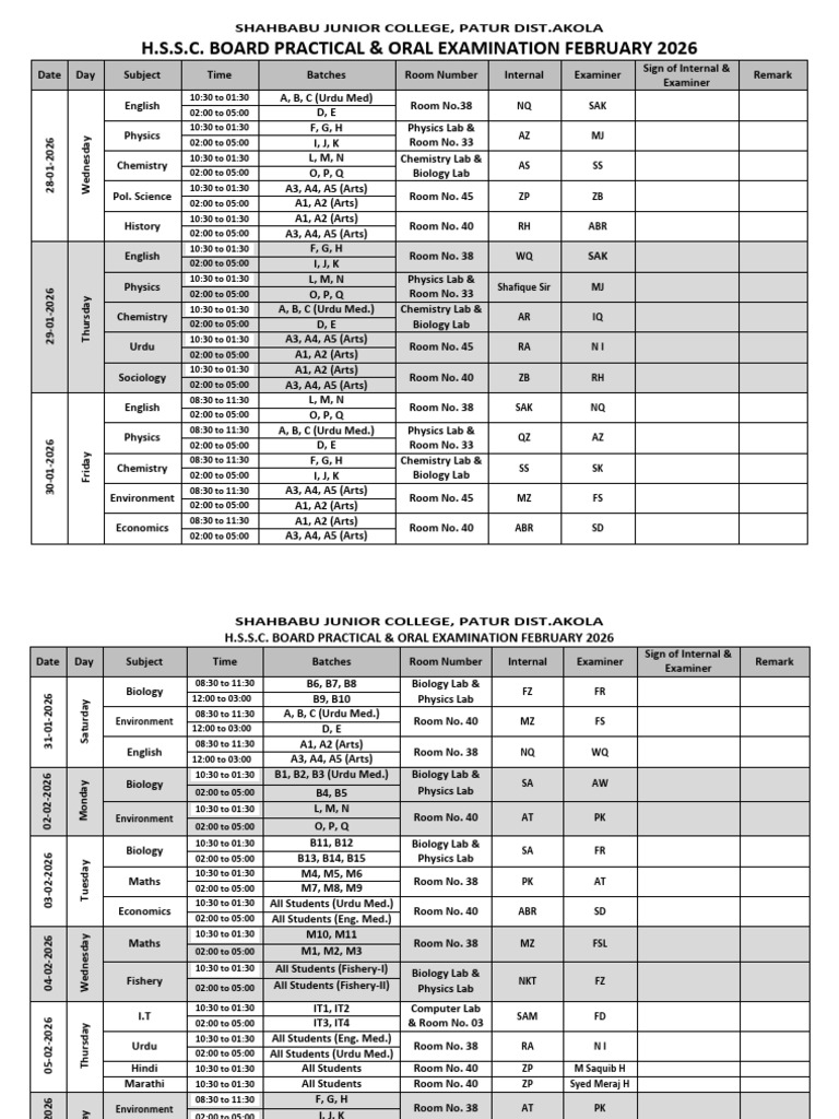 Board Practical 2026 Time Table | PDF