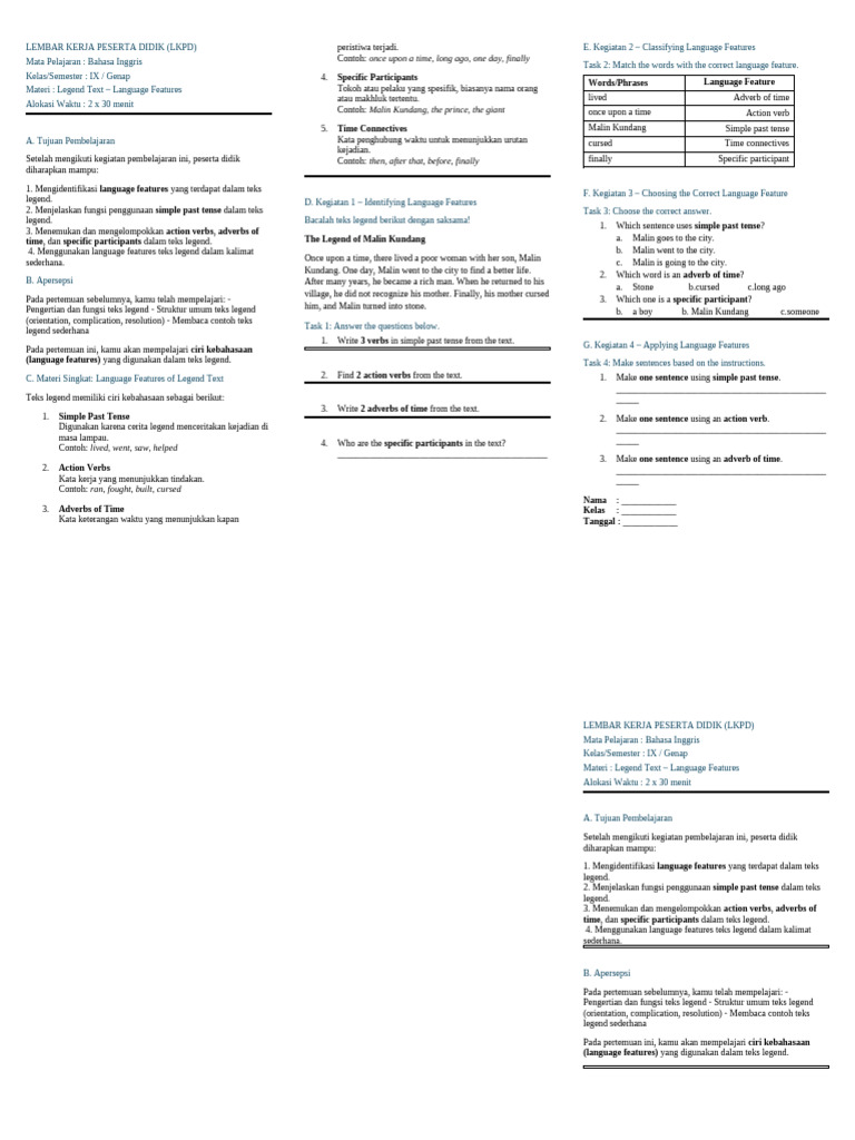 LKPD Legend Text - Language Features (Kelas Ix) | PDF | Grammatical ...