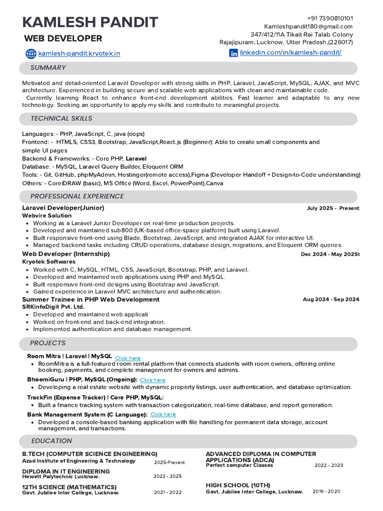 Kamlesh Pandit CV 2 | PDF | Bootstrap (Front End Framework) | Databases