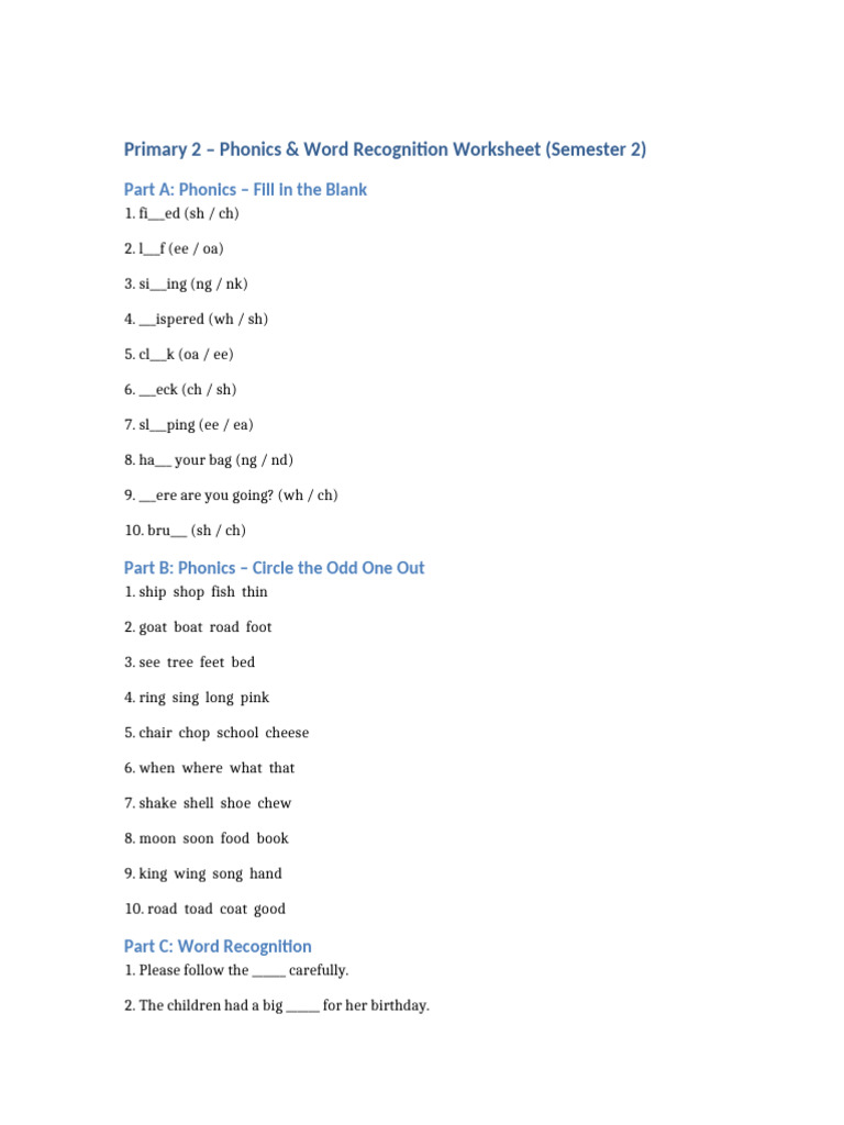 P2 Phonics Word Recognition Sem2 | PDF