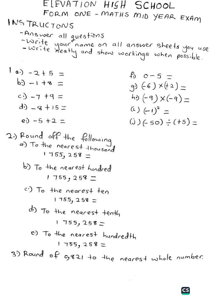 Form 1B Maths Mid Year | PDF