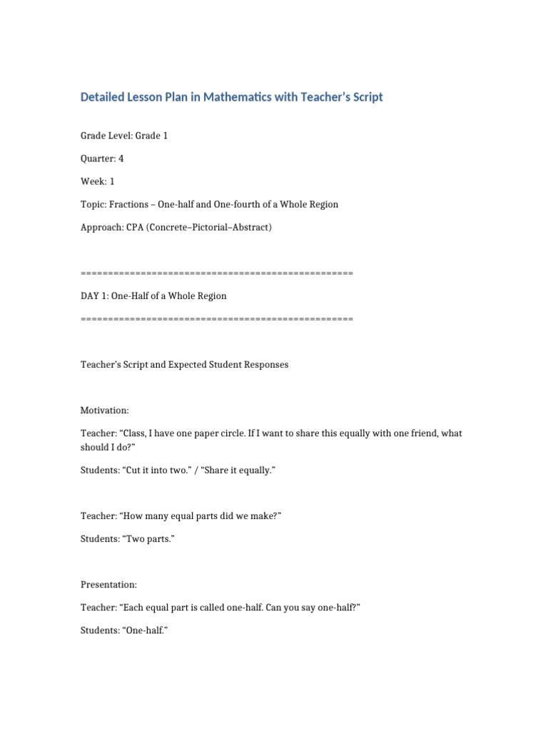Detailed Lesson Plan With Teachers Script Grade1 Math | PDF | Teachers ...