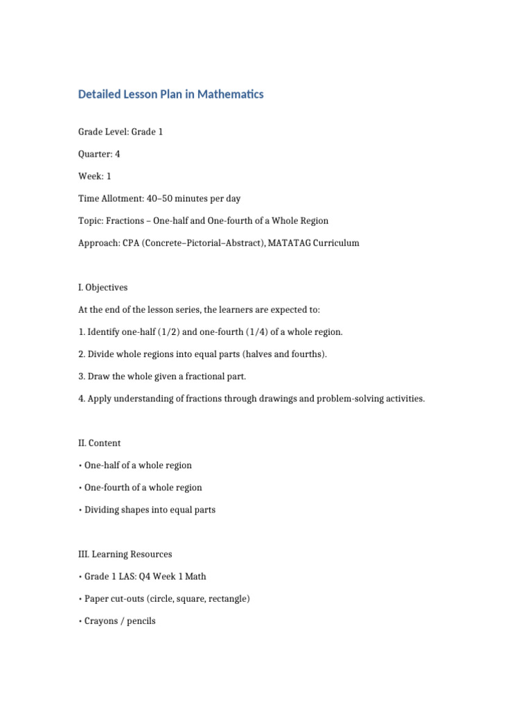 Detailed Lesson Plan Grade1 Math Q4 W1 | PDF | Learning | Drawing