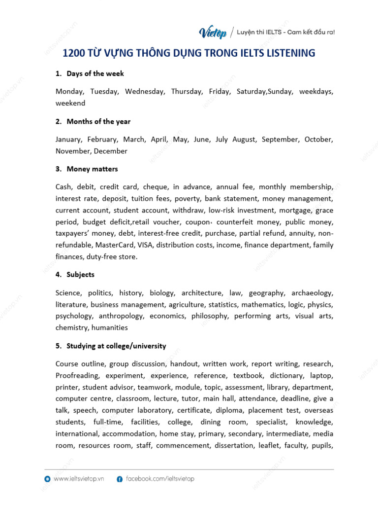 1200 Từ vựng thông dụng trong IELTS Listening - IELTS Vietop | PDF ...