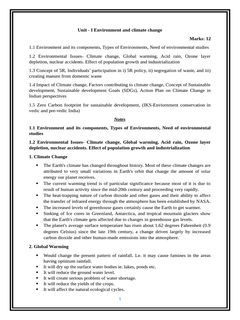 Unit 1 Environment & Climate Changedocx | PDF | Climate Change | Waste