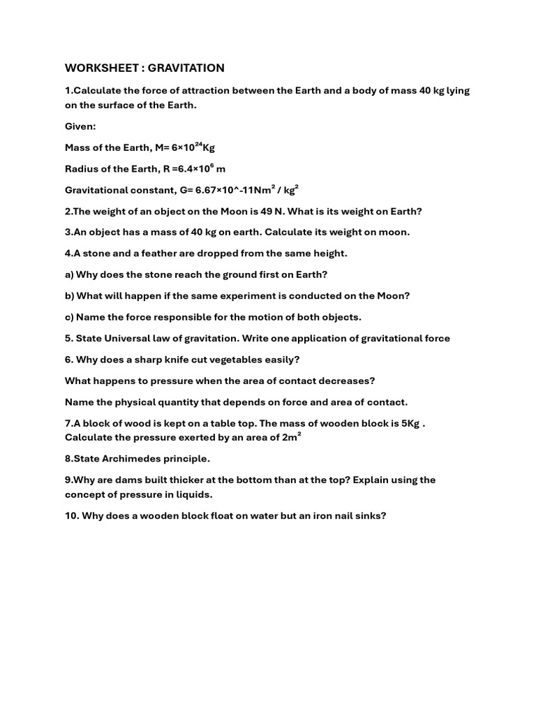 Worksheet: Gravitation | PDF