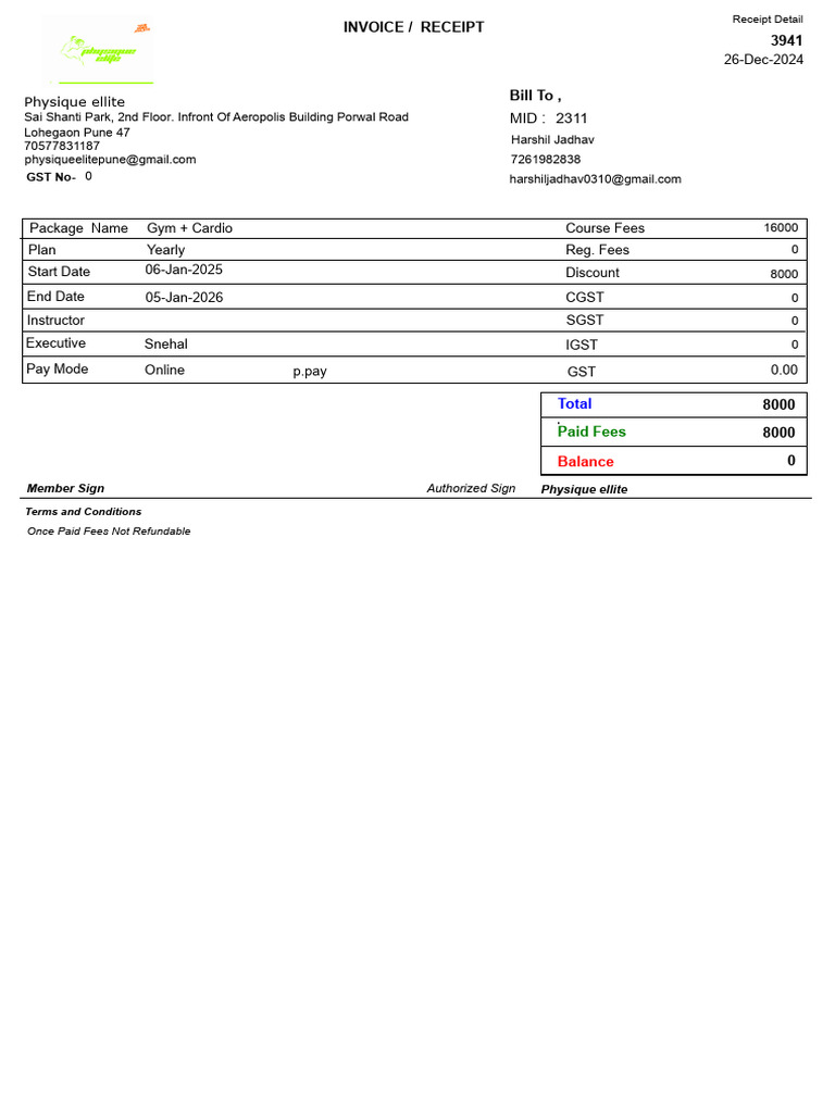 Physique Elite Gym Invoice | PDF