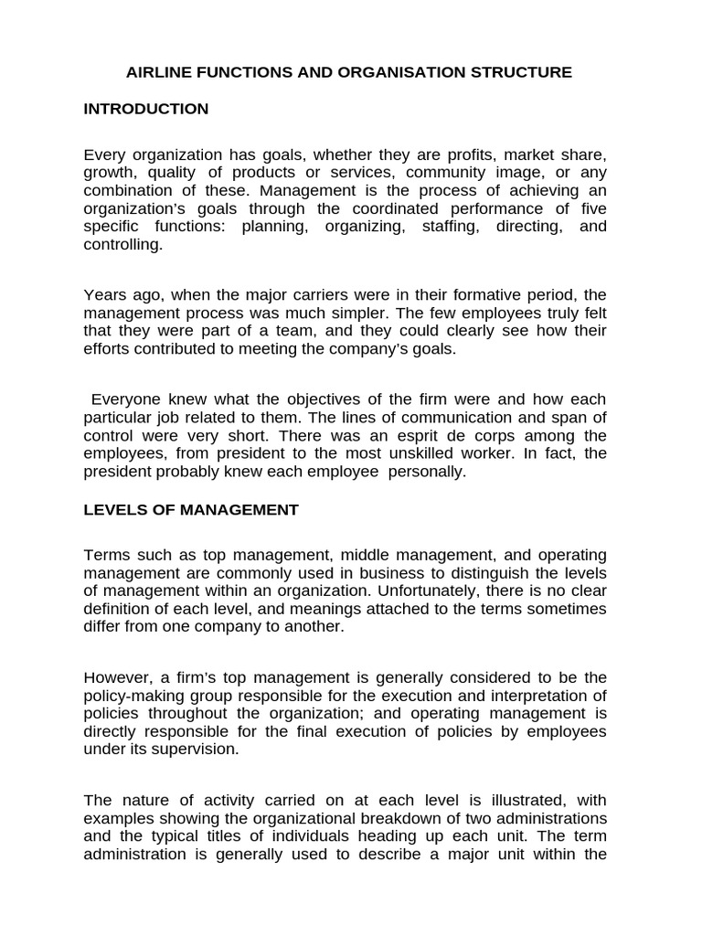 Airline Functions and Organisation Structure | PDF | Performance ...