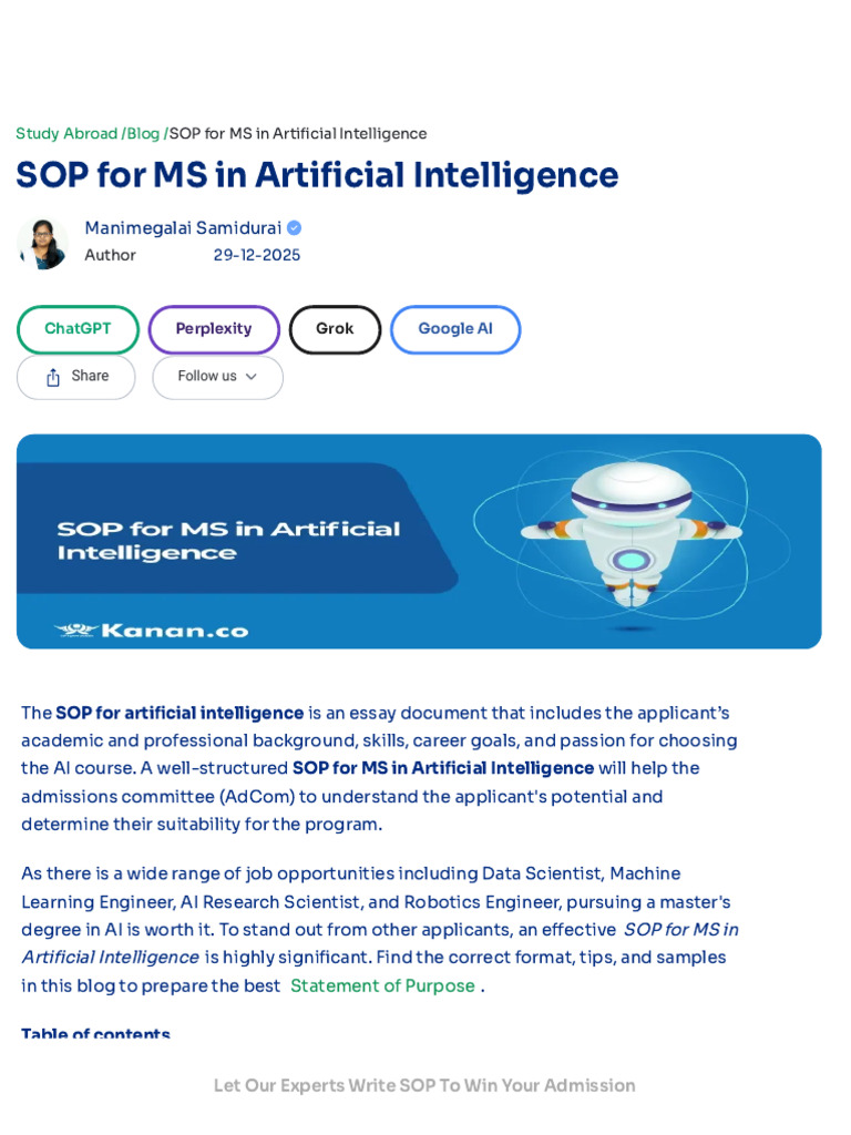 SOP For MS in Artificial Intelligence - Sample PDFS, Format & Ti | PDF ...