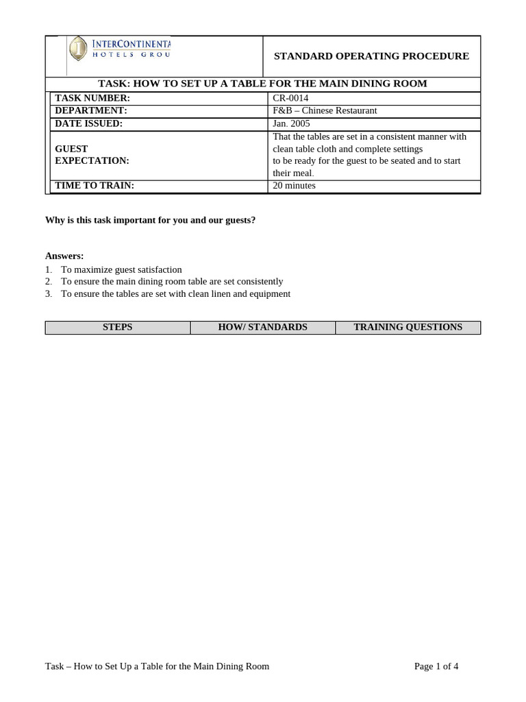 SOP Task How to Set Up a Table for the Main Dining Room CR-0014 | PDF ...