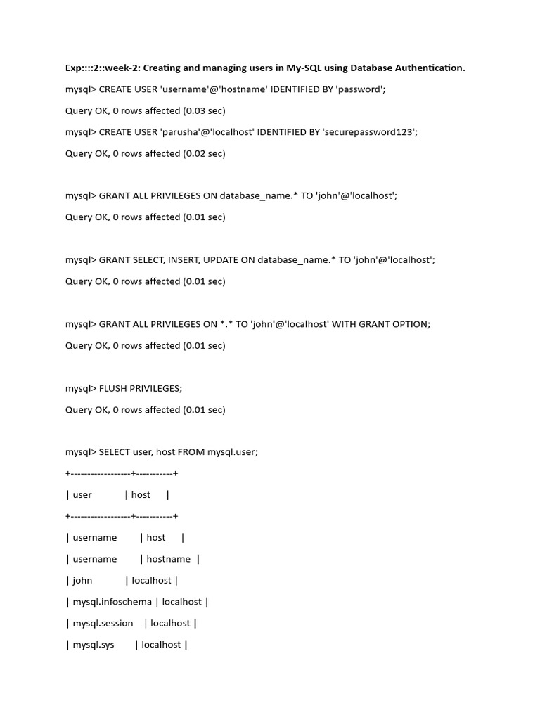 Exp-DBS_LAB_2,3,4,5,6,7 Weeks Source Code-1 | PDF | Databases | User ...