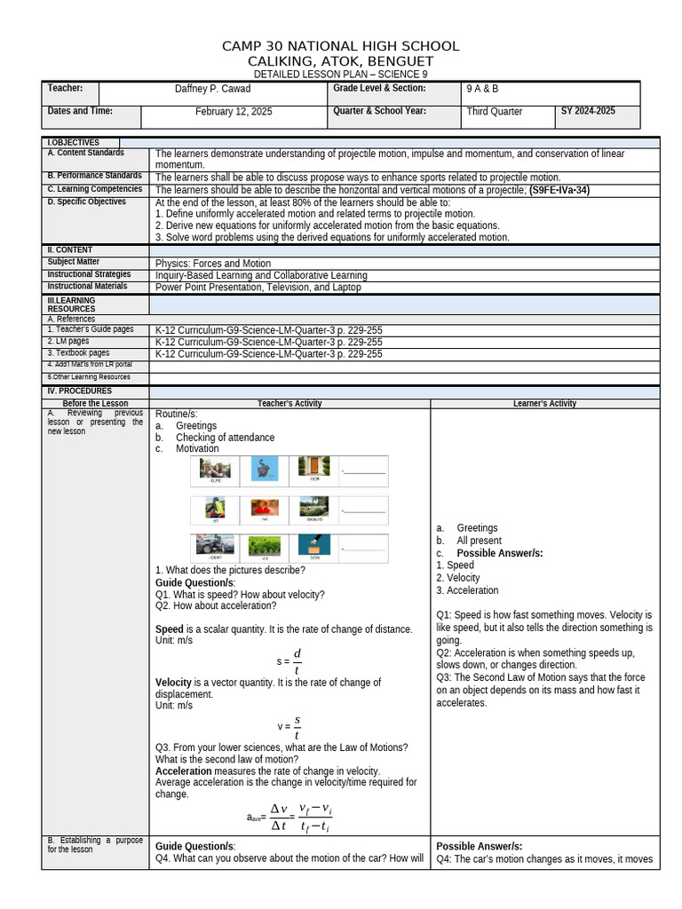 4 LESSON PLAN Uniformly Accelerated Motion (1) | PDF | Velocity ...