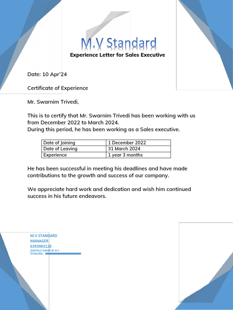 Experience Letter for Sales Executive | PDF