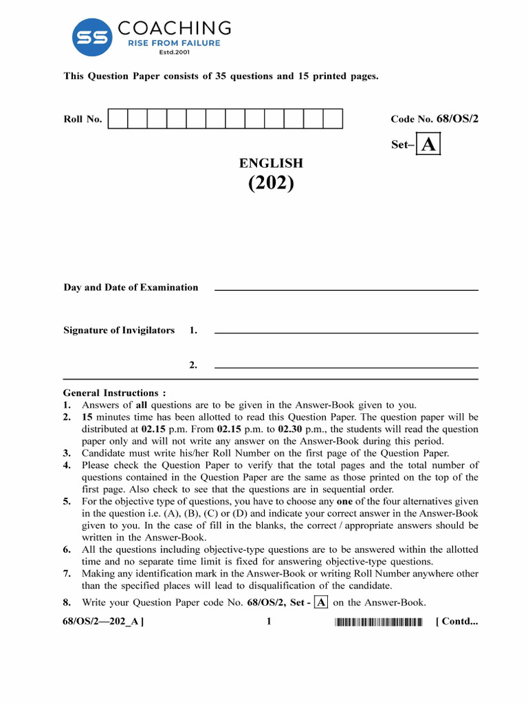 Nios English 202 Secondary Question Paper Oct 2024 | PDF