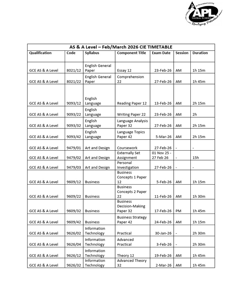 March 2026 - Cie Timetable - As&a Level | PDF | Science