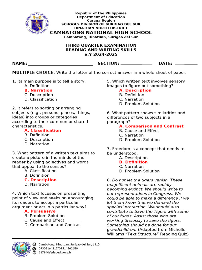 3rd Quarter Exam Reading and Writing Skills | PDF | Cinderella | Quarantine