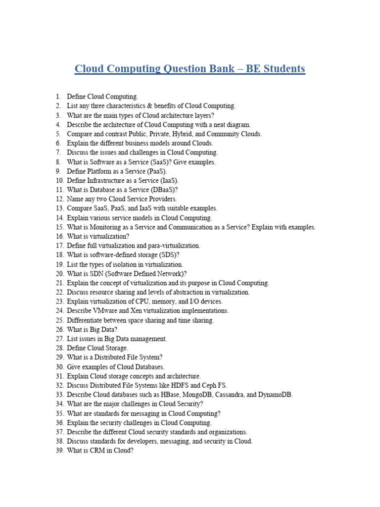 Cloud Computing Question Bank BE | PDF | Virtualization | Cloud Computing