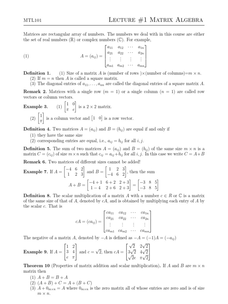 Linear Algebra Notes | PDF | Matrix (Mathematics) | Equations